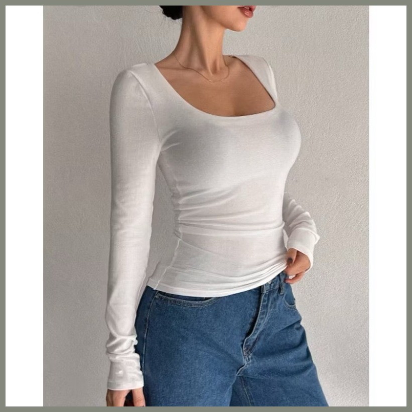 JEMA Double Lining Squareneck LongSleeves Basic Tops Body Hugging Top ...