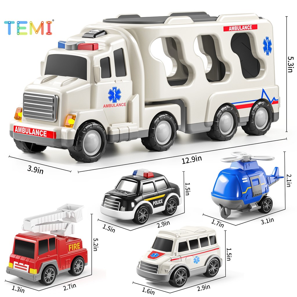 TEMI 5 IN 1 Ambulance Truck Toys Friction Power Engineering Vehicles ...