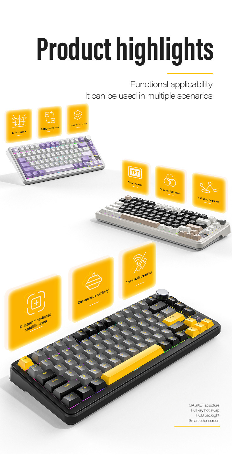 Attack Shark X85/X85 Pro Wireless Mechanical Keyboard 75% 80 Key RGB Screen Bluetooth 2.4G ...