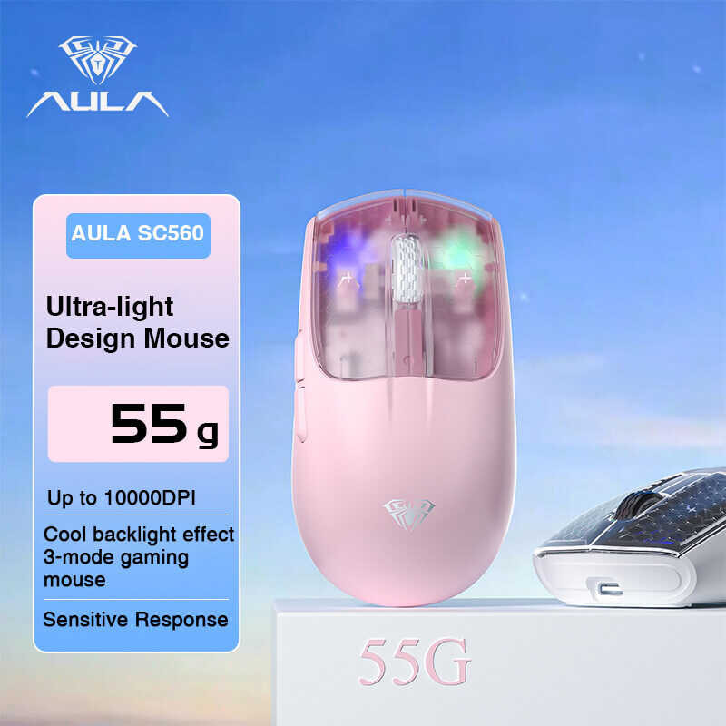 Ultra-Light(55G) AULA Wireless Rechargeable Three-Mode 2.4G + Bluetooth +Wired Gaming Mouse LED ...