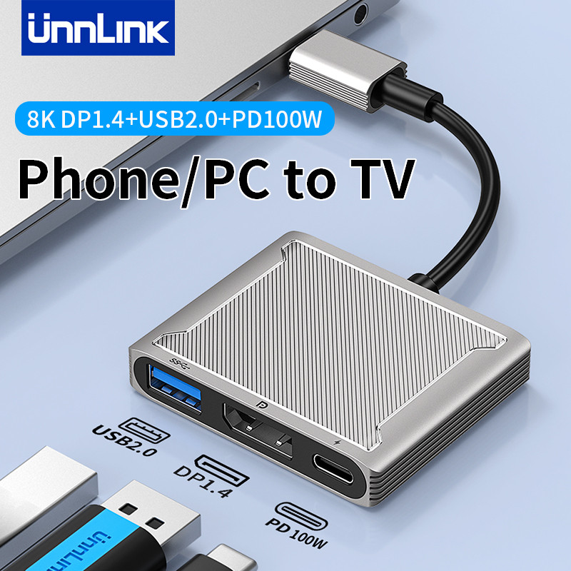 Unnlink 8K USB C to DP 1.4 DisplayPort Hub with PD 100W USB 2.0 Docking ...