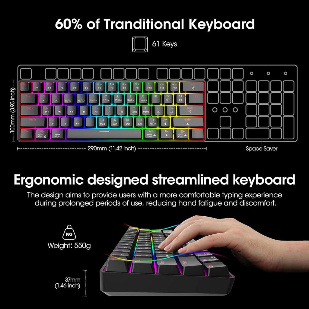 Zeus 61 Key Wired Type C Mechanical Keyboard With Blue Switch RGB ...