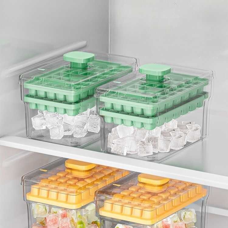 2 Layer Square Ice Molder Tray Lid And Bin 64Pcs Ice Cube Mold For ...