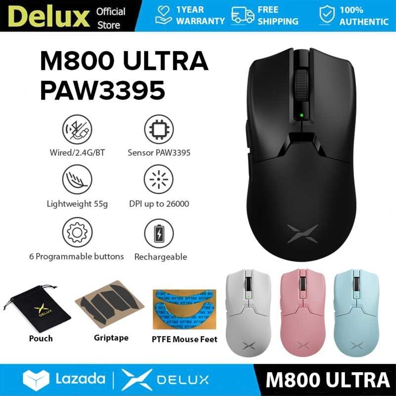 M800 Delux Ultra Gaming Paw3395 DPI MAX 26000 Wired 2.4G Bluetooth Wireless Mouse Rechargeable ...