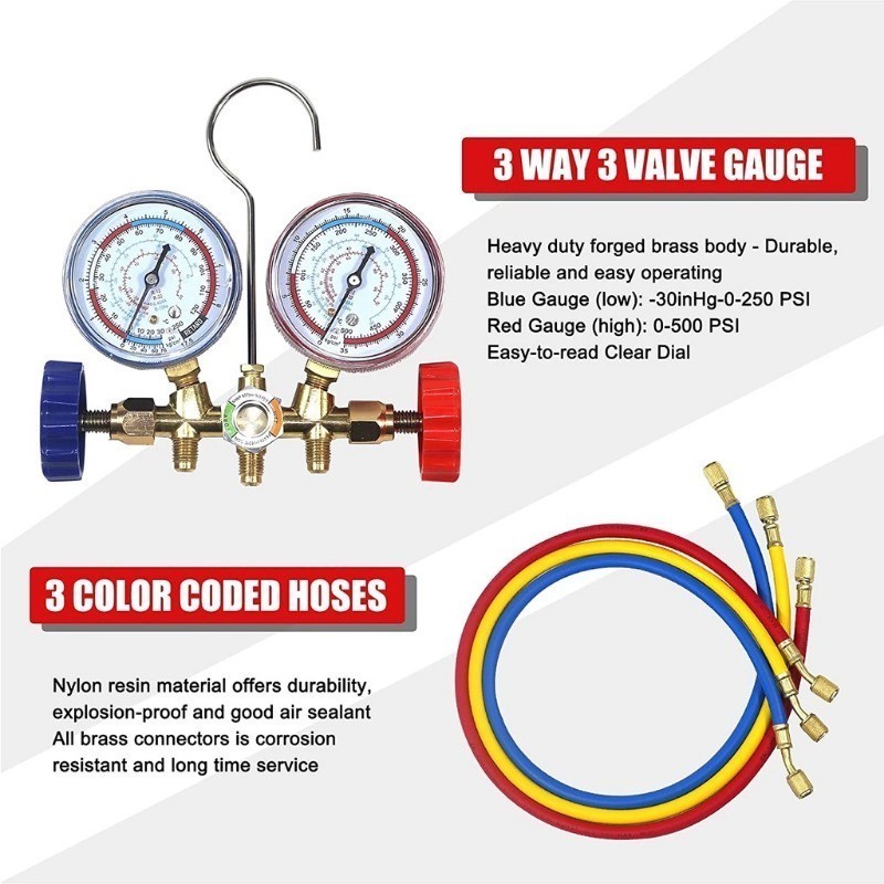 R134A Brass Aircon Manifold Gauge Set with Hose R134a / R22 / R12 ...