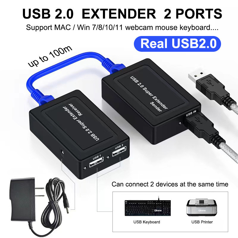 100M 2 Port USB 2.0 Network Cable Extender Via RJ45 Cat5e Cat6 Ethernet ...