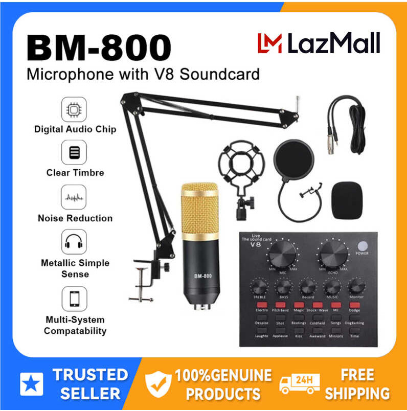 Bm800 Condenser Microphone Full Set With V8 Soundcard For Studio Recording Streaming Gamin ...