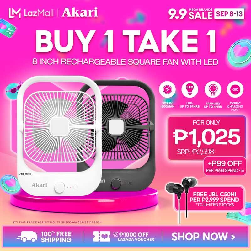 Akari Buy 1 Take 1 Rechargeable Square Fan With Led Light (Arf-8018 ...