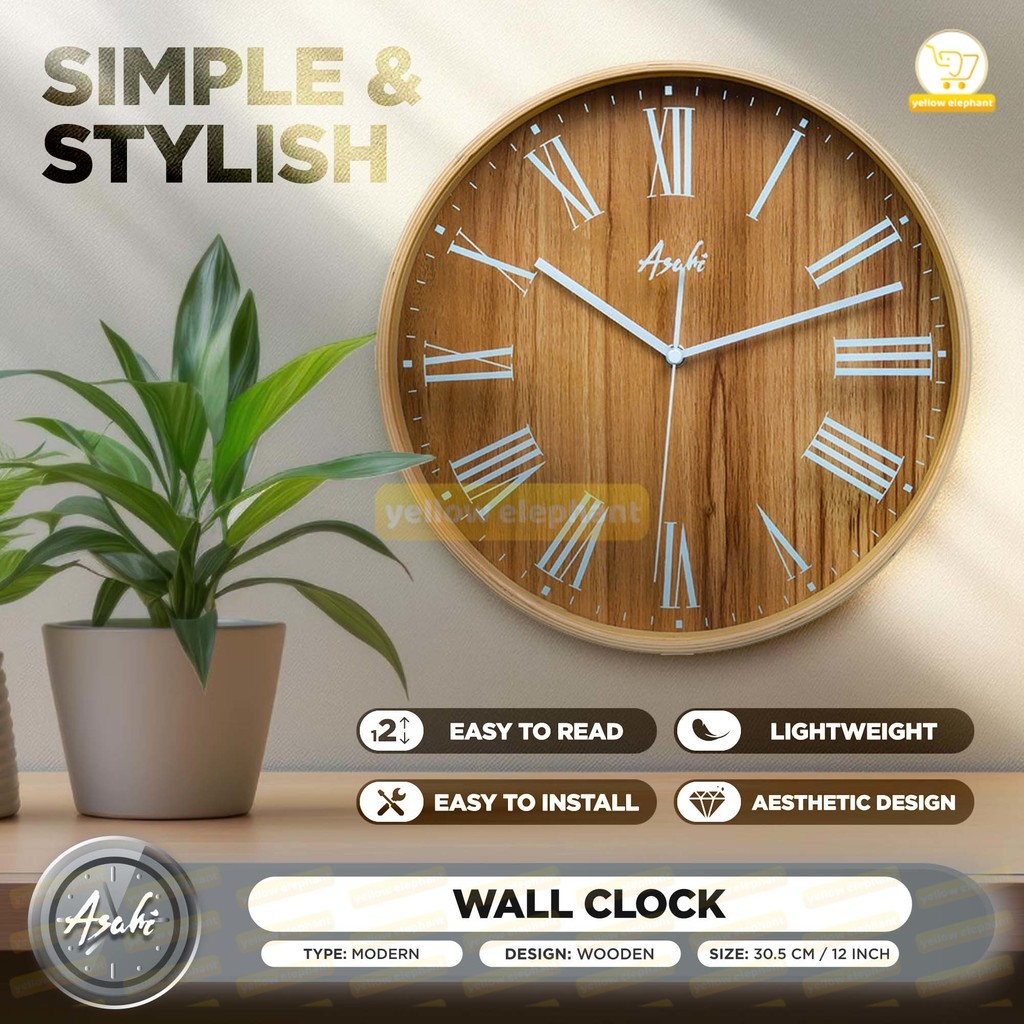 Asahi Wall Clock 12 Inches Wood Design 5yr Warranty W/ AA Battery ...
