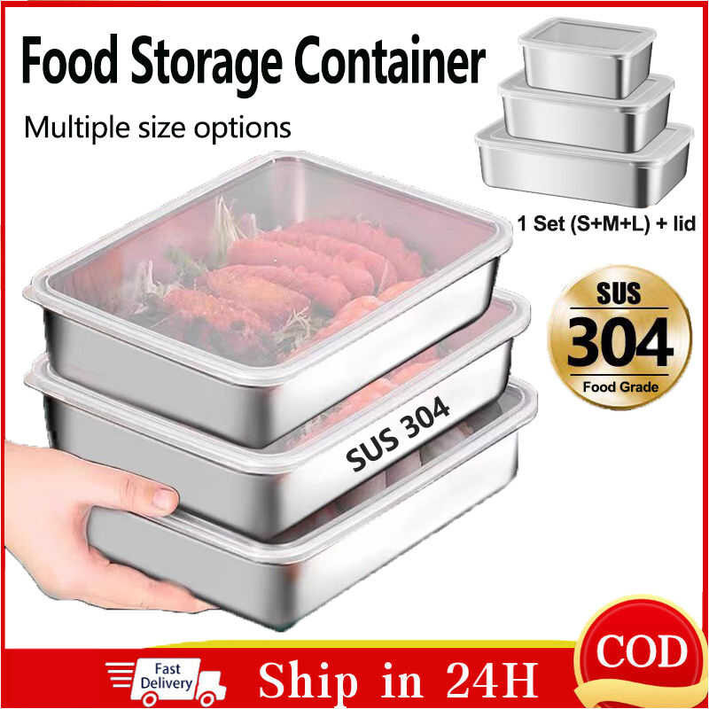304 Stainless Steel With Cover Food Storage Box Freezer Container Ref ...