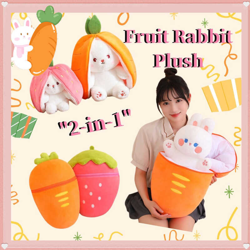 Strawberry Rabbit Plush Cute Bunny Plushie Stuffed Doll 2In1 Long Ear ...