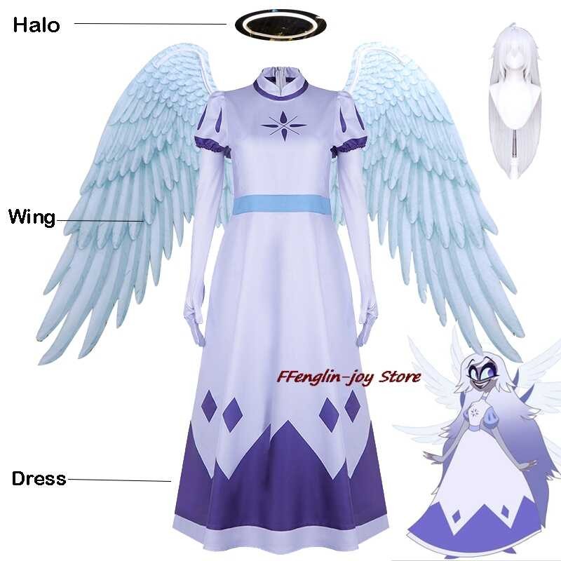 Hazbin Emily Hotel Cosplay Costume Wig Seraphim Angel Halo Wing Women Fancy Dress Outfit ...