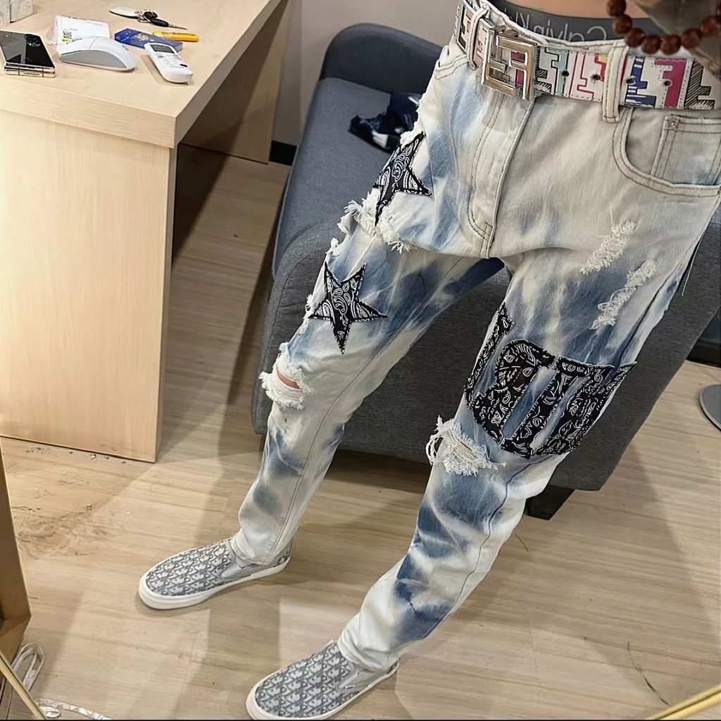 AMIRI Men's AM Jeans Foreign Trade Ripped Holes Embroidered Five ...