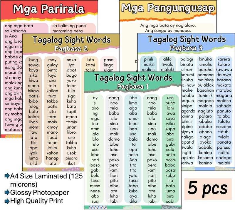 5Pcs TAGALOG SIGHT WORDS Educational Chart For Kids - A4 Size 41C ...