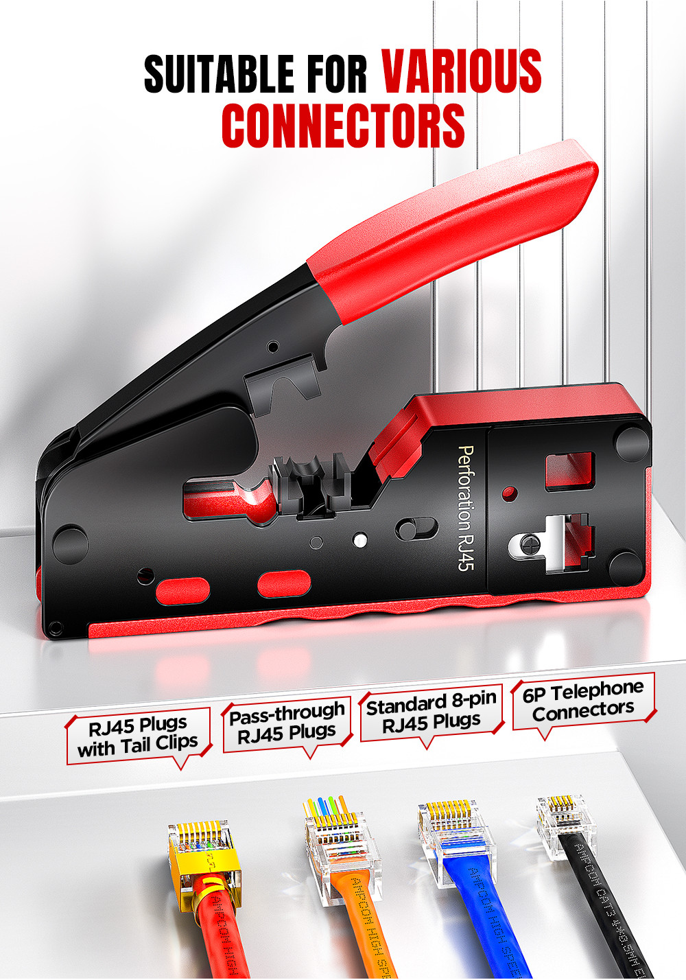 AMPCOM Cat 7 Network Crimping Tool CRIMP/CUT/TRIM/STRIP 4-IN-1 Works ...