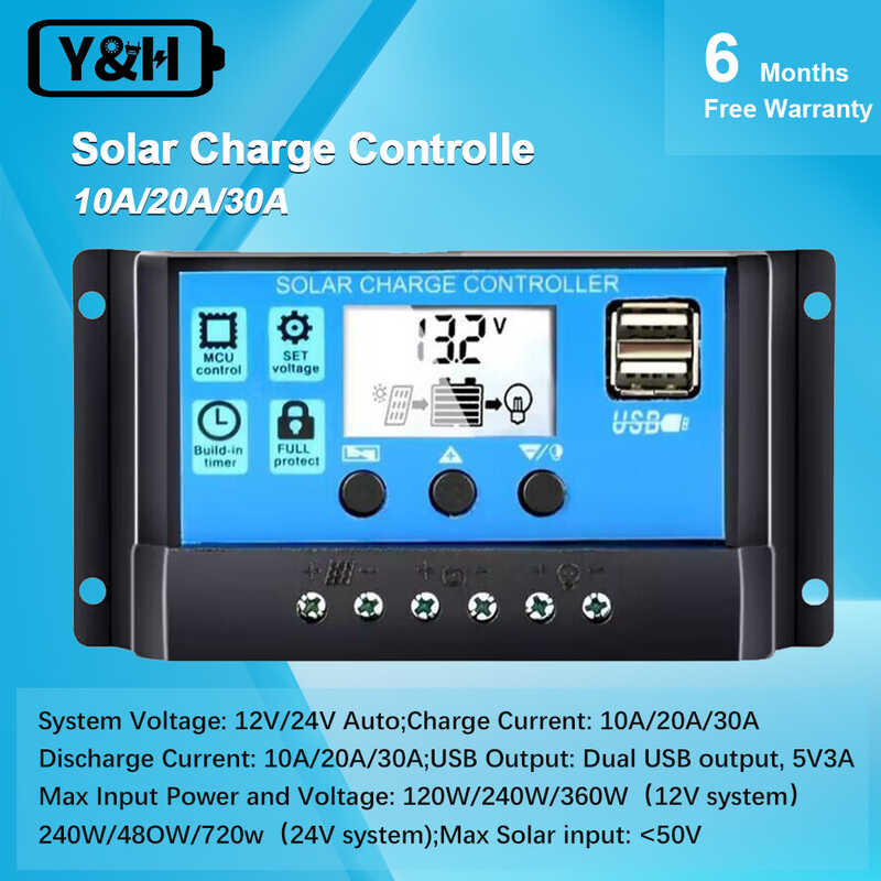 10A 20A 30A 40A 50A 60A Charge PWM 12V 24V Controller LCD Dual USB PV Home Solar Cell Panel ...