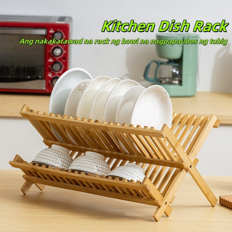 Double Layer Wooden Foldable Dish Drain Rack Kitchen Tableware Storage ...