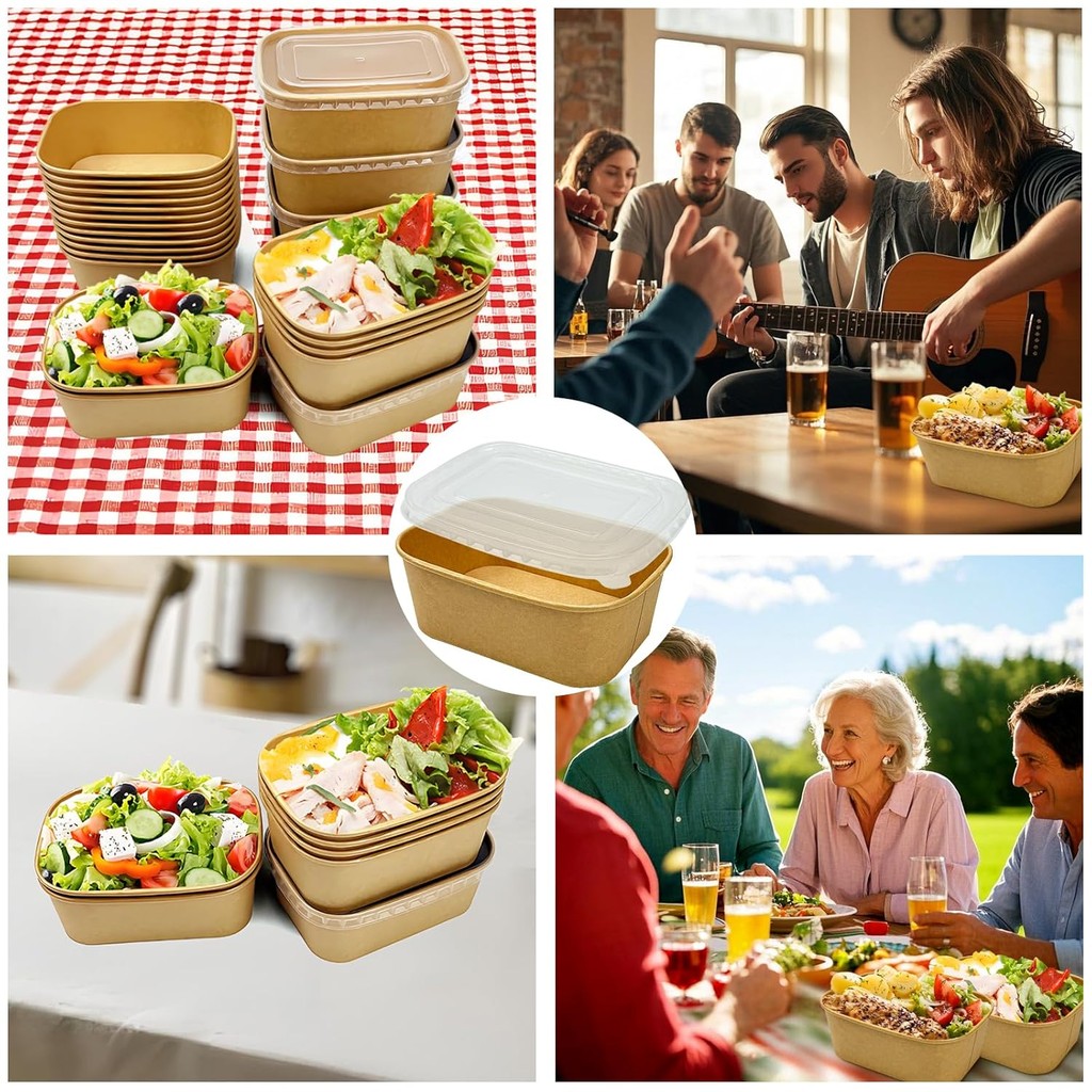 Premium Kraft Rectangular Paper Bowl with PET Lid Paper Lunch Box Paper ...