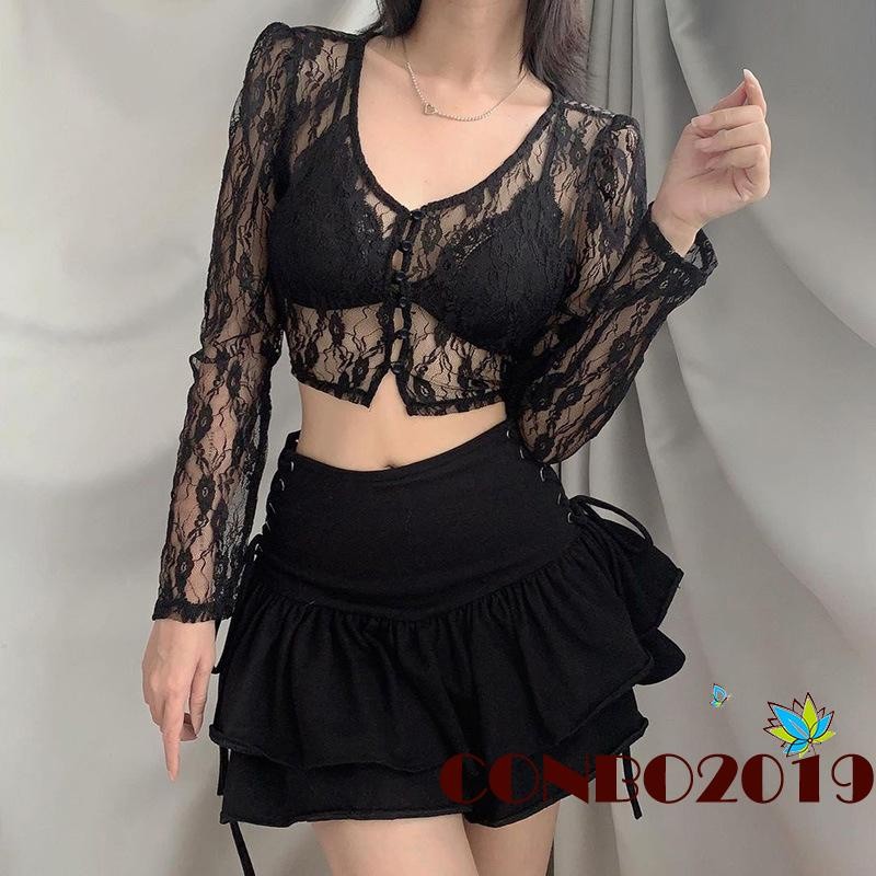 ♞HGM-Women Sexy Lace Sheer Crop Tops Long Sleeve V-neck Vintage Button Slim Fit T-shirt Clubwear ...
