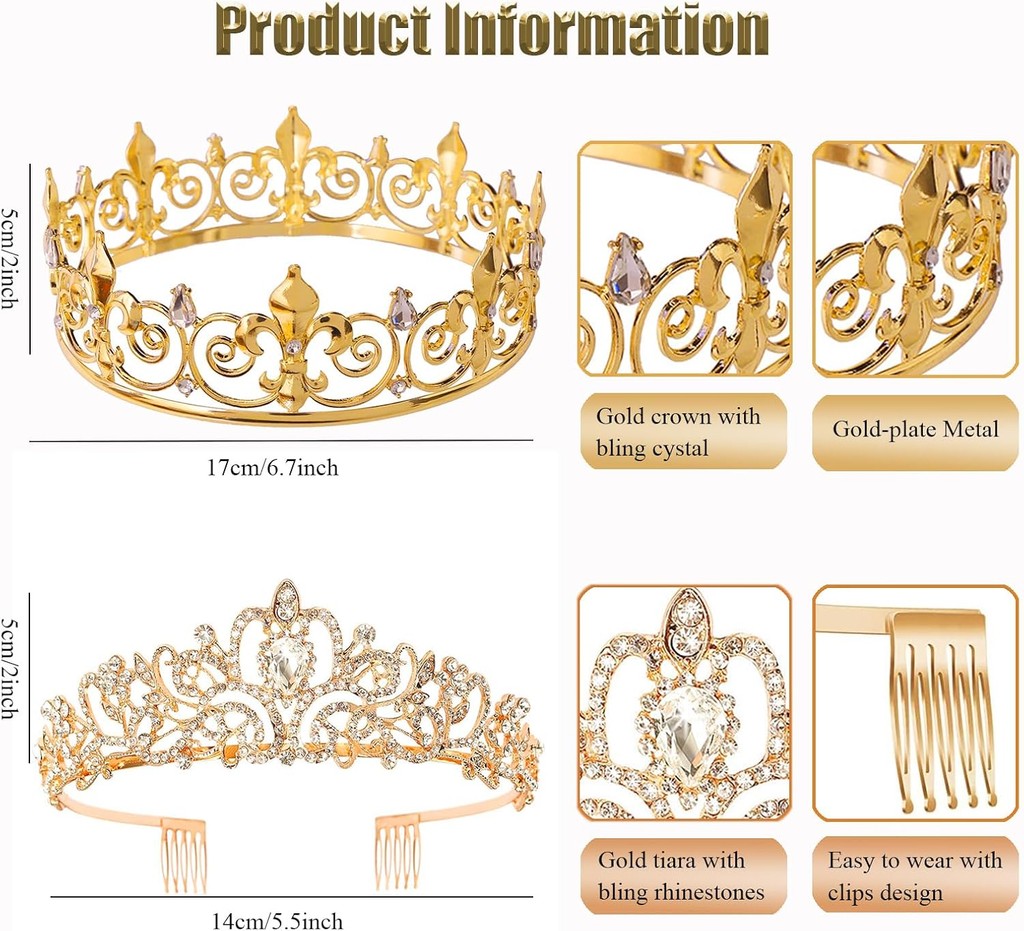 King Queen Crown Metal Crown for Men and Women Crystal Tiaras Costume ...