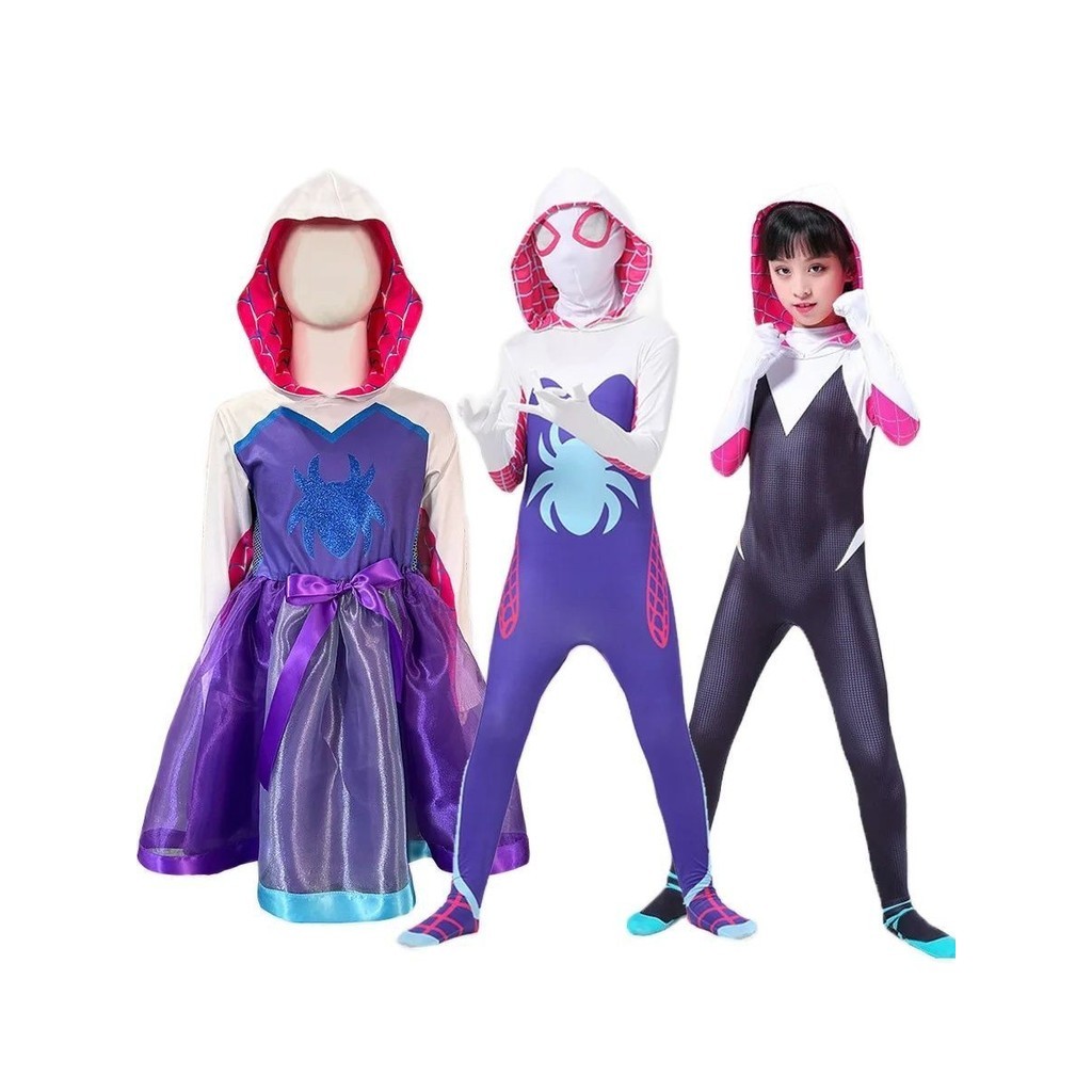 Girls Gwen Ghost Spider Costume Bodysuit Halloween Cosplay Hooded ...