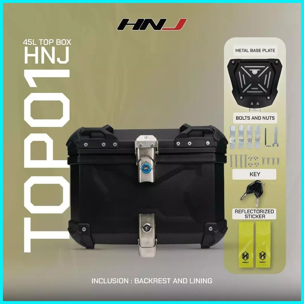 HNJ Top Box for Motorcycle Helmet 45 Liters Hard Plastic Dual Lock With ...