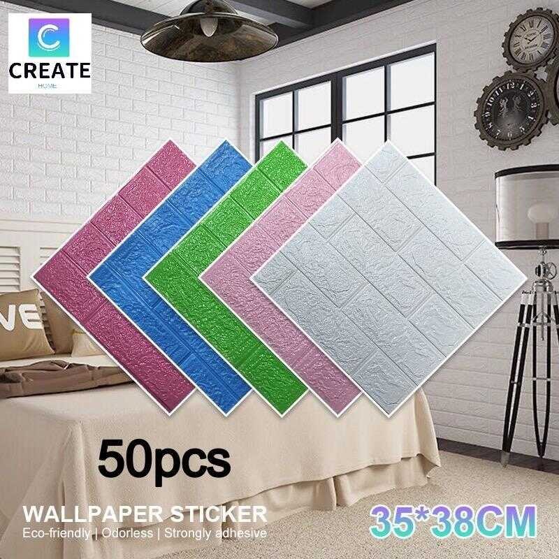 50 PCS Ceiling Wallpaper 3D Wall Stickers Brick Waterproof Foam Paper ...
