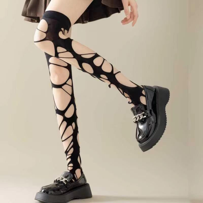 Punk Gothic Style Irregular High Socks Y2k Subculture Hole Socks Hollow ...