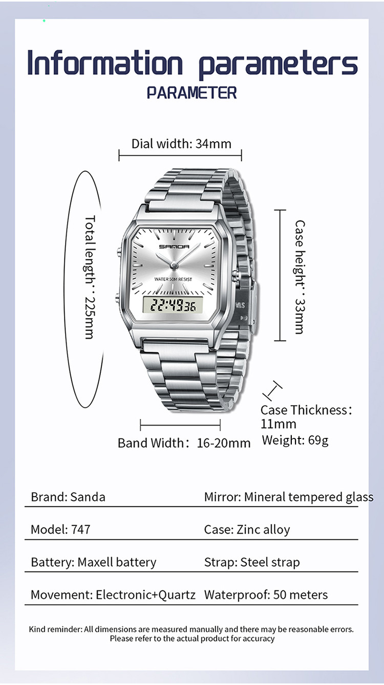 SANDA Waterproof Men's and Women's Fashion Quartz Watch Stainless Steel ...