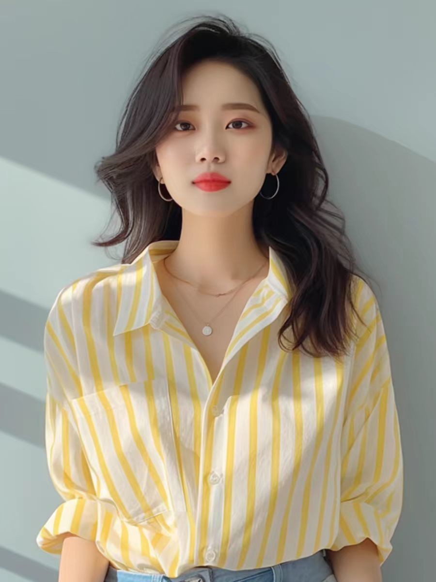 Yellow White Vertical Stripe Women's Blouse Loose Long Sleeved Urban ...