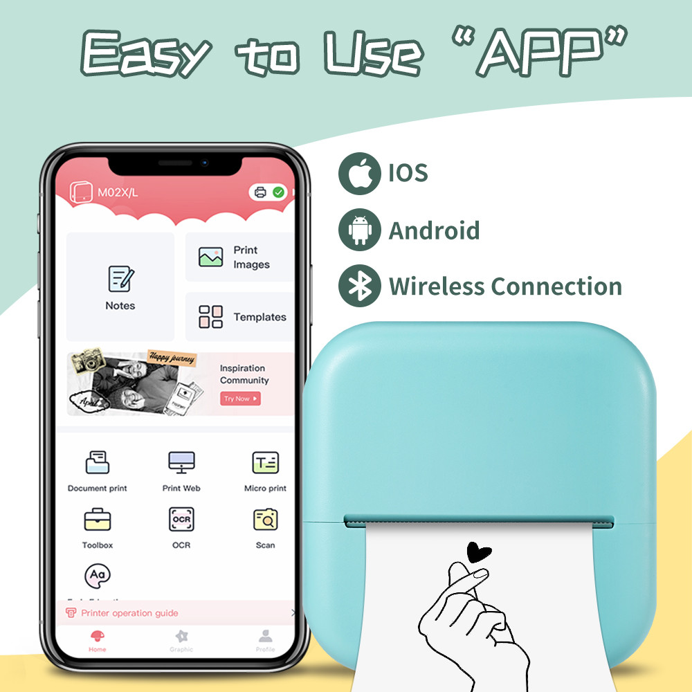M02L Bluetooth Label Maker Mini Thermal Printer Inkless Pocket Printer ...