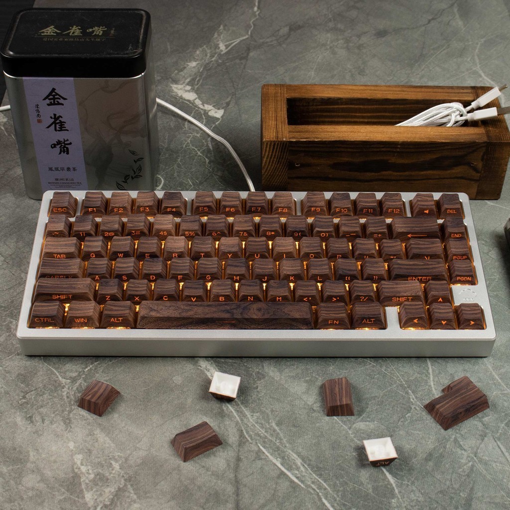 Walnut Keycaps Wood grain Side print Light Through Cherry profile PBT ...