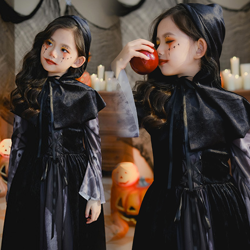 Ghost Bride Black Dress For Kids Girl Halloween Horror Vampire Cape ...