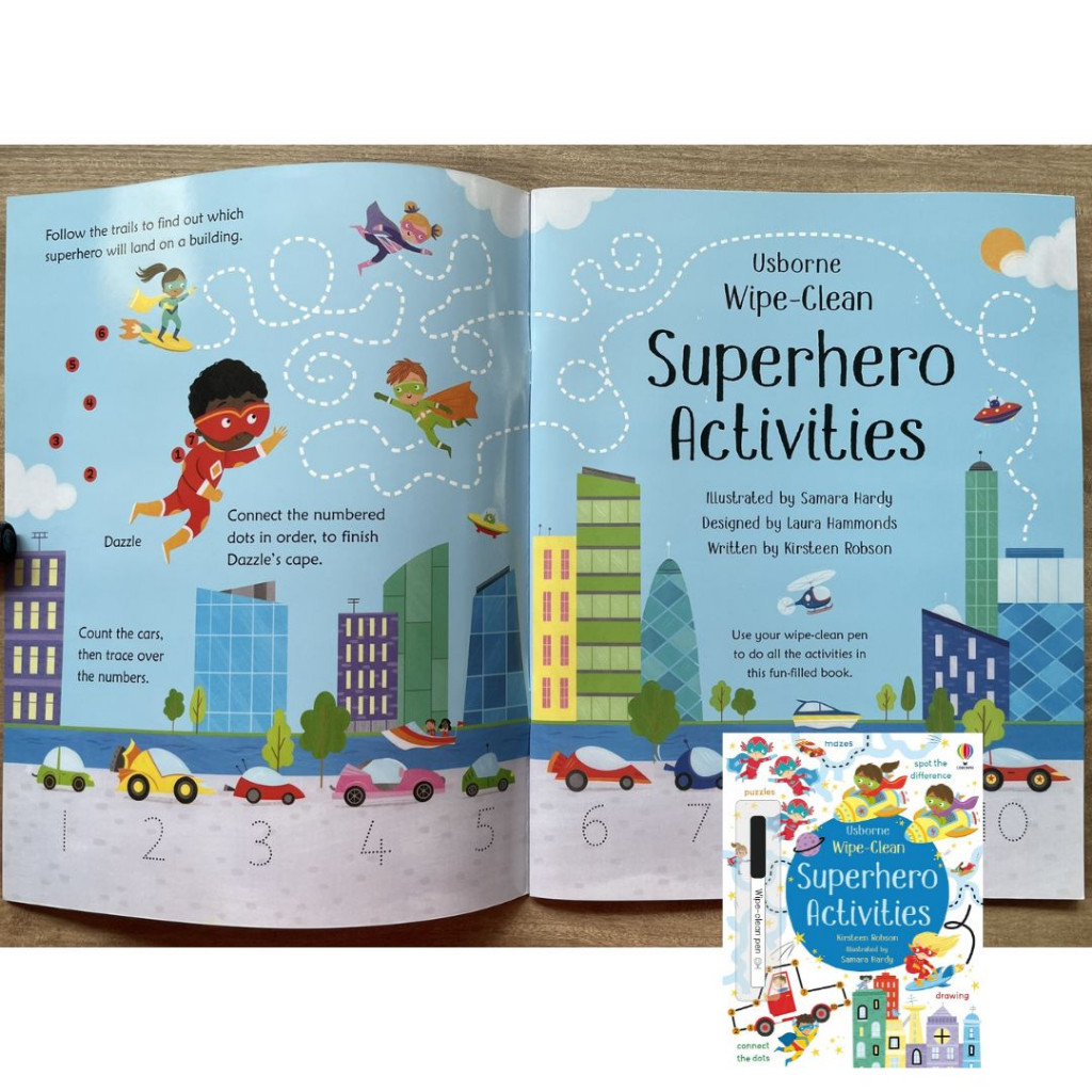 Usborne Wipe-Clean: SUPERHERO ACTIVITIES (brand new softcover with free ...