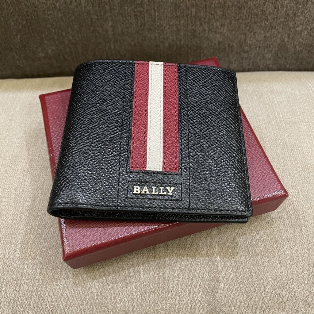 BALLY Bajia Men's Classic Men's Bag Short Wallet Striped Cowhide Leather Folding Card Slot ...