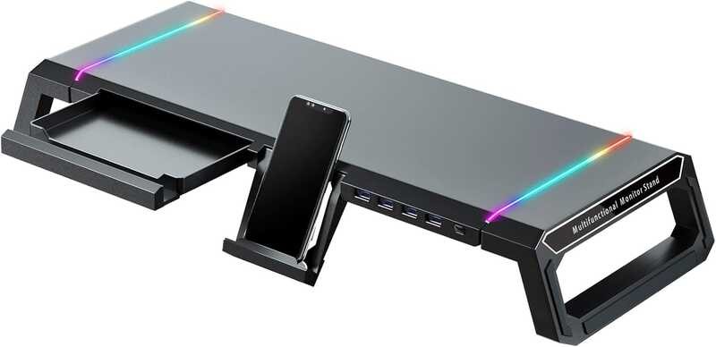 KYOLLY RGB Gaming Computer Monitor Stand -4 USB 3.0 Hubs, 3 Adjustable Length Monitor Stands Wi ...