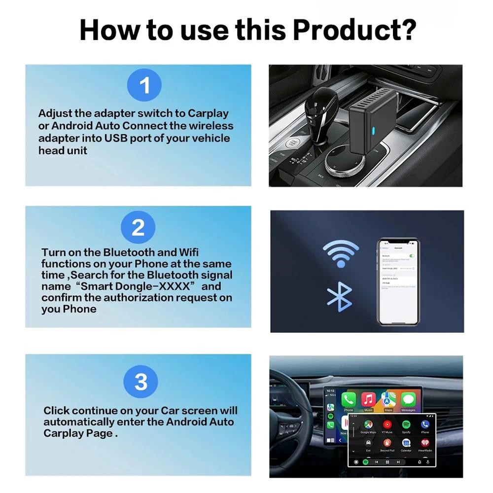Wireless Carplay Android Auto Adapter 2 in 1 Mini Box Plug&Play CarPlay AI Box BT WiFi for Wired ...