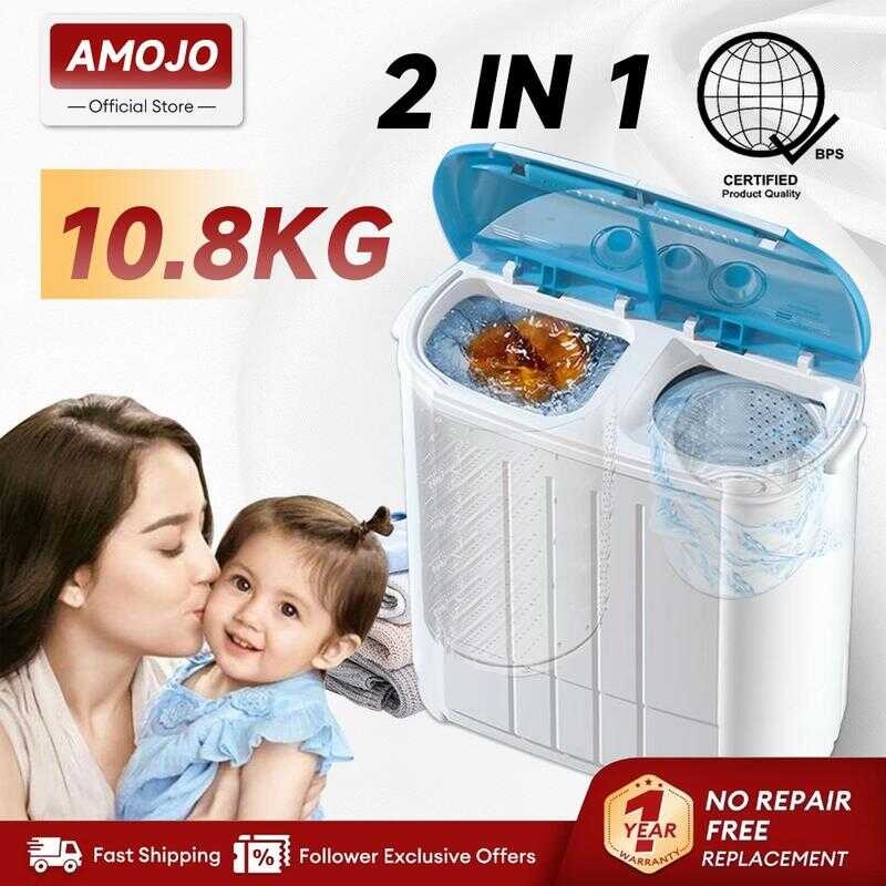 AMOJO 10Kg Double Barrel Mini Washing Machine With Spin Dryer Semi ...