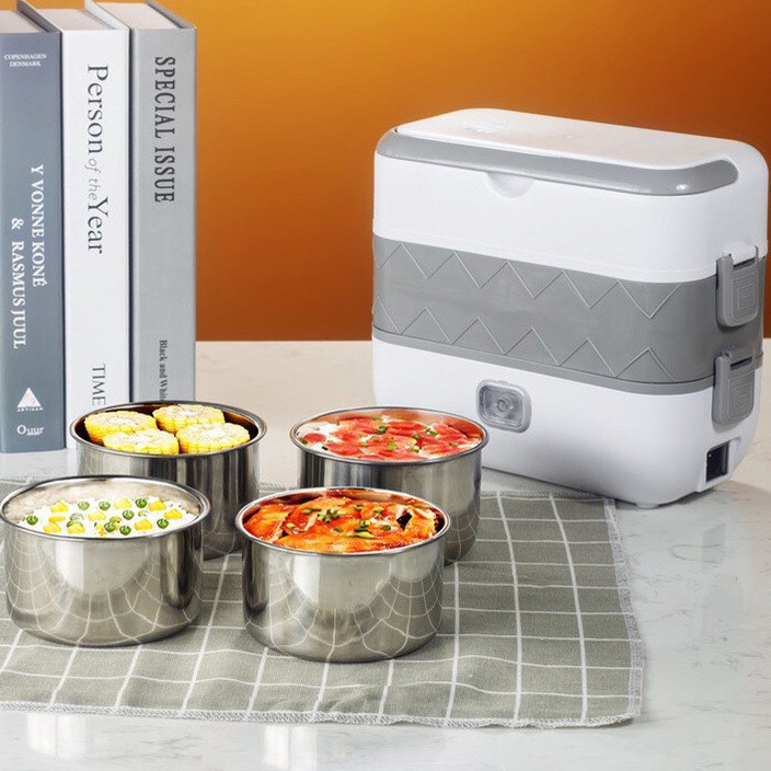 Compact and convenient 2-layer office plug-in lunch box with 4 bowls to ...