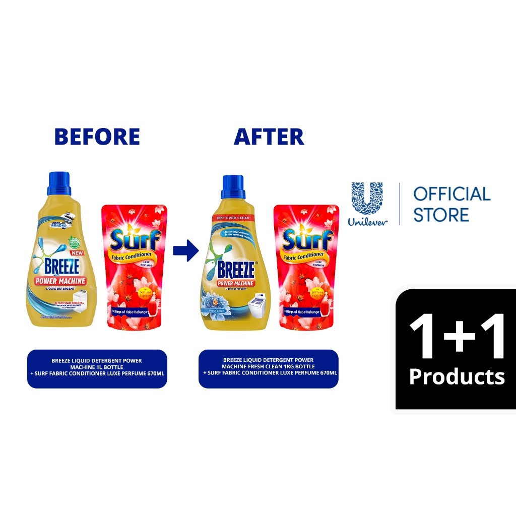 Breeze Liquid Detergent Power Machine 1L Bottle + Surf Fabric Conditioner Luxe Perfume 670ml ...