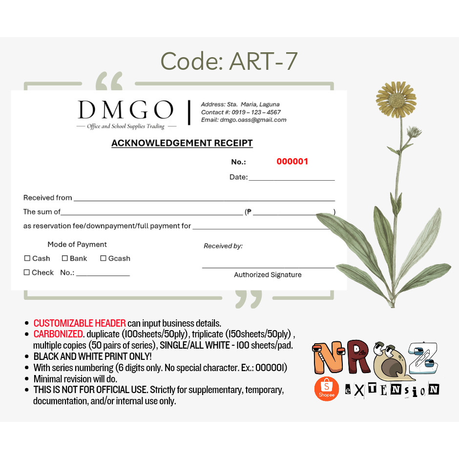 Customized ACKNOWLEDGEMENT RECEIPT Carbonized | Shopee Philippines