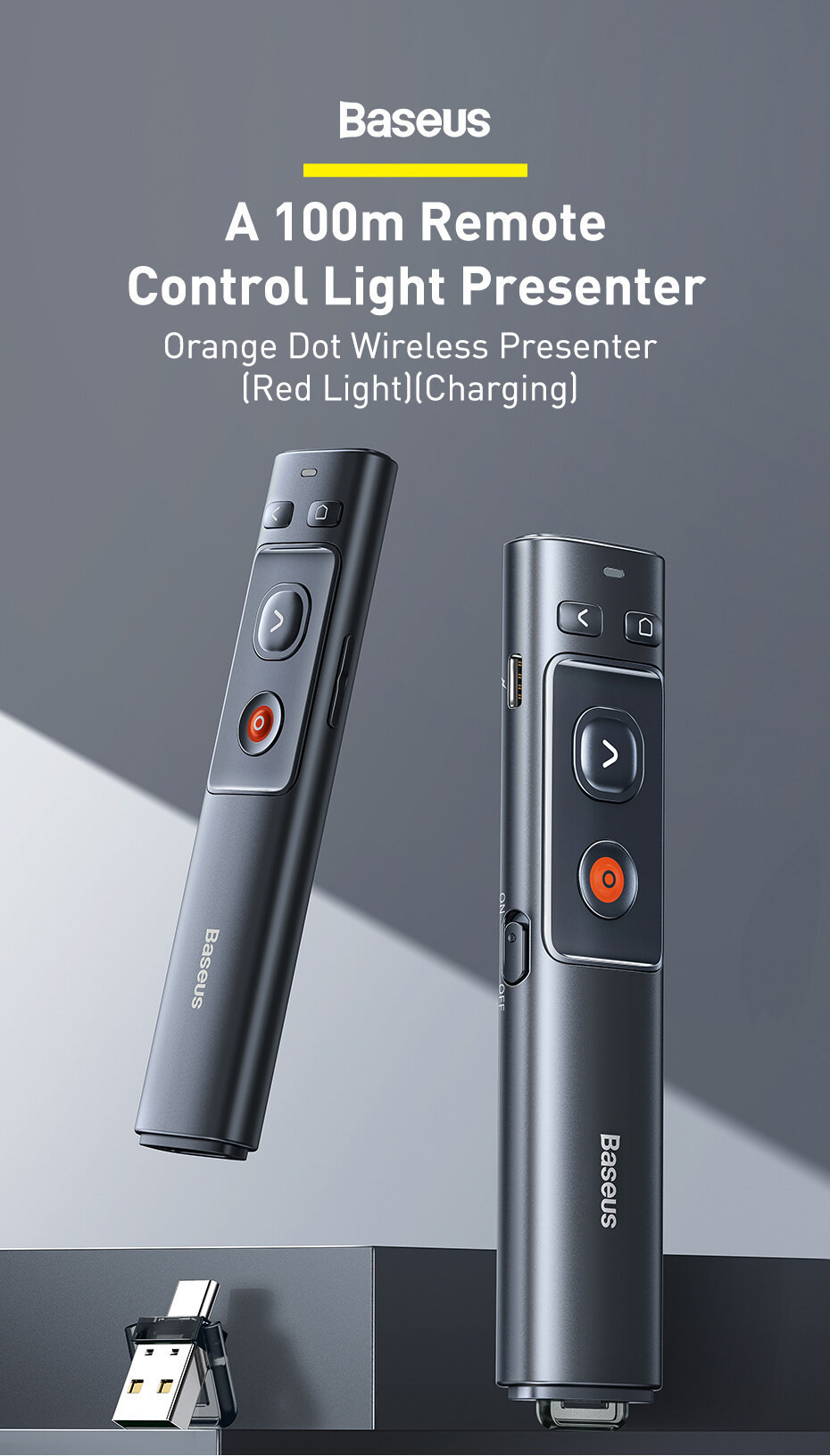 Baseus Red Laser Remote Controller Presenter Wireless Pen 2.4Ghz Type C ...