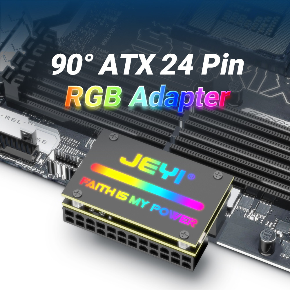 JEYI ATX 24Pin 90° RGB Adapter, 18 Light Modes Female to 24Pin Male 90 ...