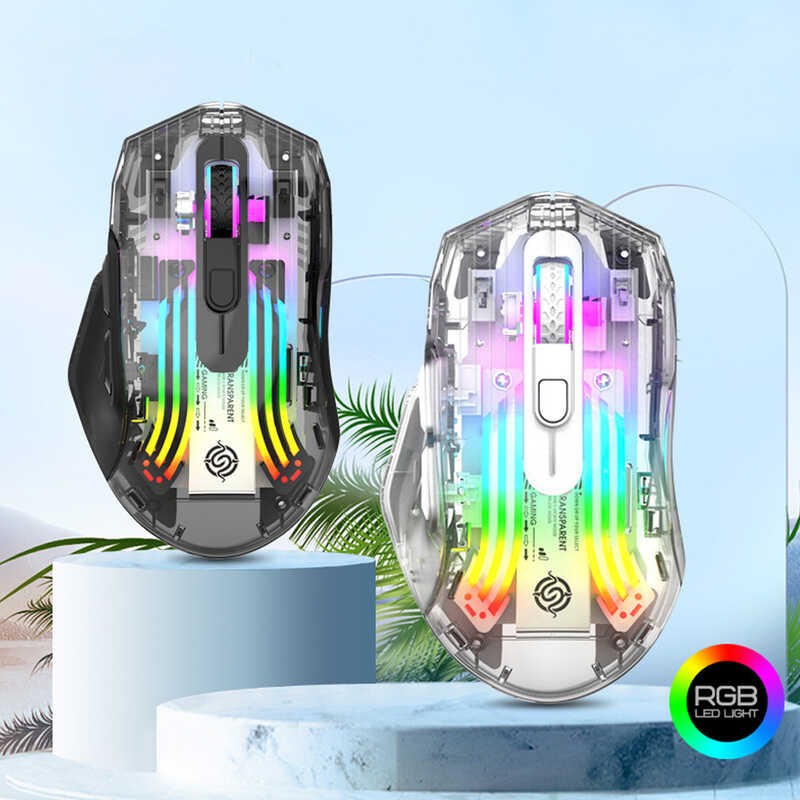 3 Modes Bluetooth 2.4G Wireless Transparent Mouse RGB Gaming Mouse 1200 ...