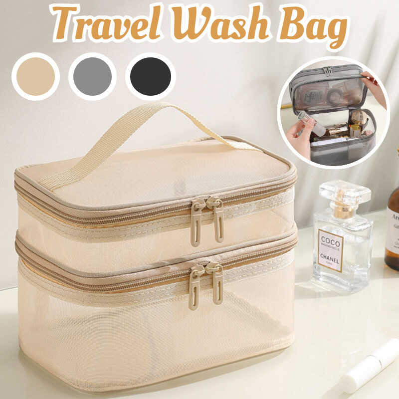 Portable Waterproof Double Layer Mesh Travel Cosmetic Toiletry Wash Bag ...
