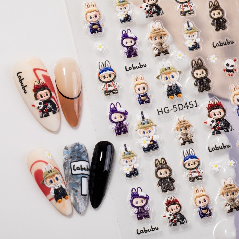 New 5D Embossed Cartoon Labubu Nail Art Sticker Cute Labubu Three ...