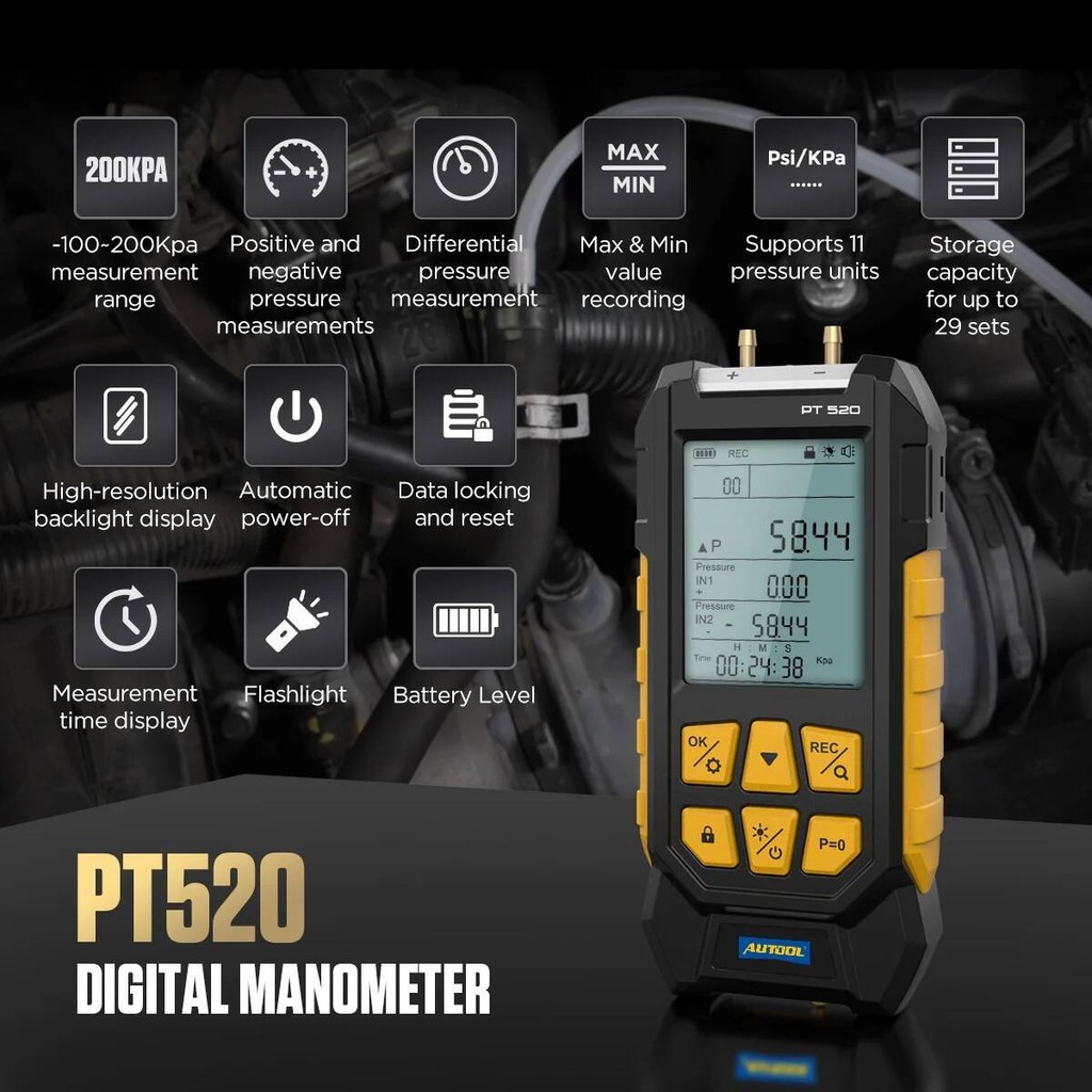 PT520 AUTOOL Digital Differential Manometer -100-200Kpa Air Pressure Negative Vacuum Gauge Meter ...