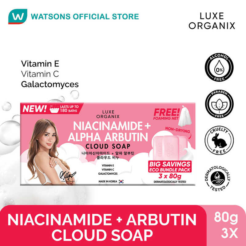 LUXE ORGANIX Niacinamide + Alpha Arbutin Cloud Soap 3 x 80g (Eco Bundle Pack) | Shopee Philippines