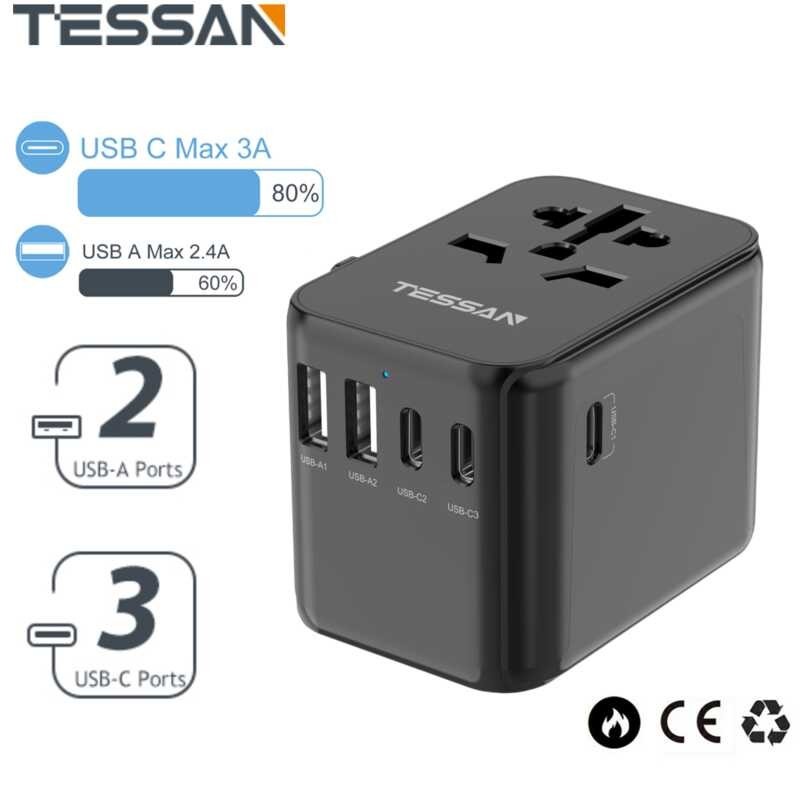 TESSAN Universal Adapter, Worldwide Plug Adaptor Na May 2 A At 3 USB C ...