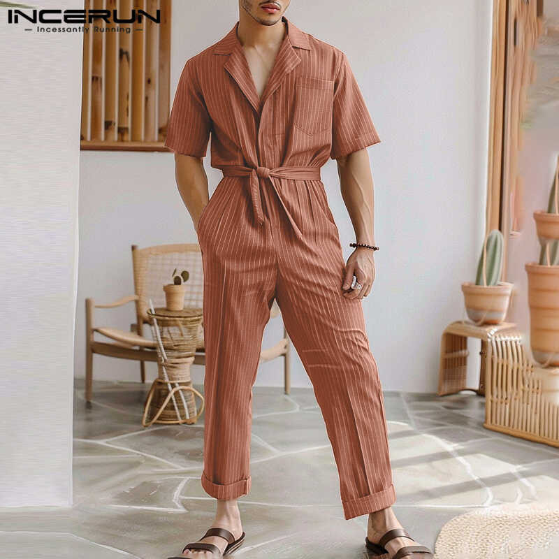 INCERUN [Perfectly] Mens Hign End Lapel Lace Up Jumpsuit Stripe Short ...